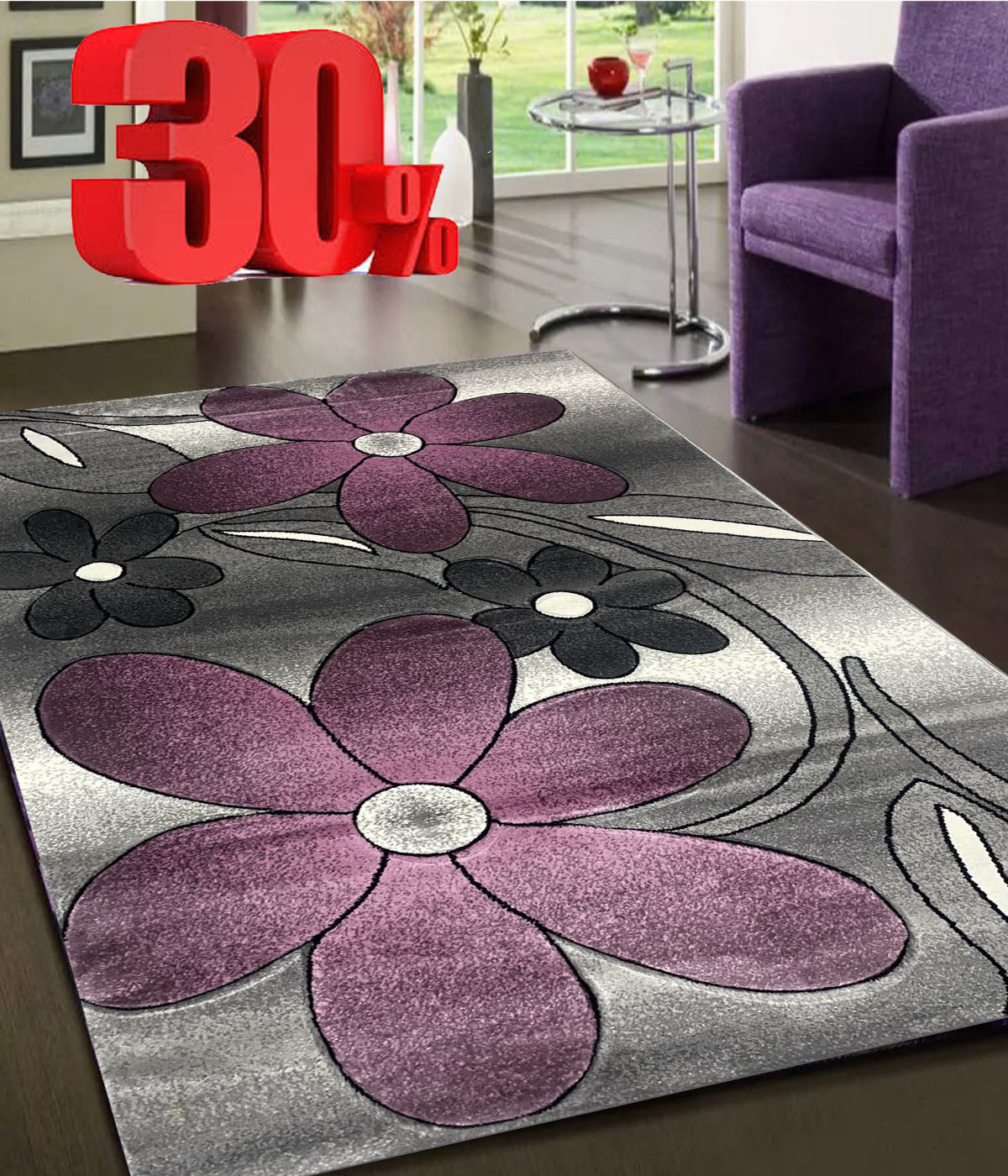 Covor cu Insertii Florale tip Margarete,Mov/Gri – Covoare si traverse