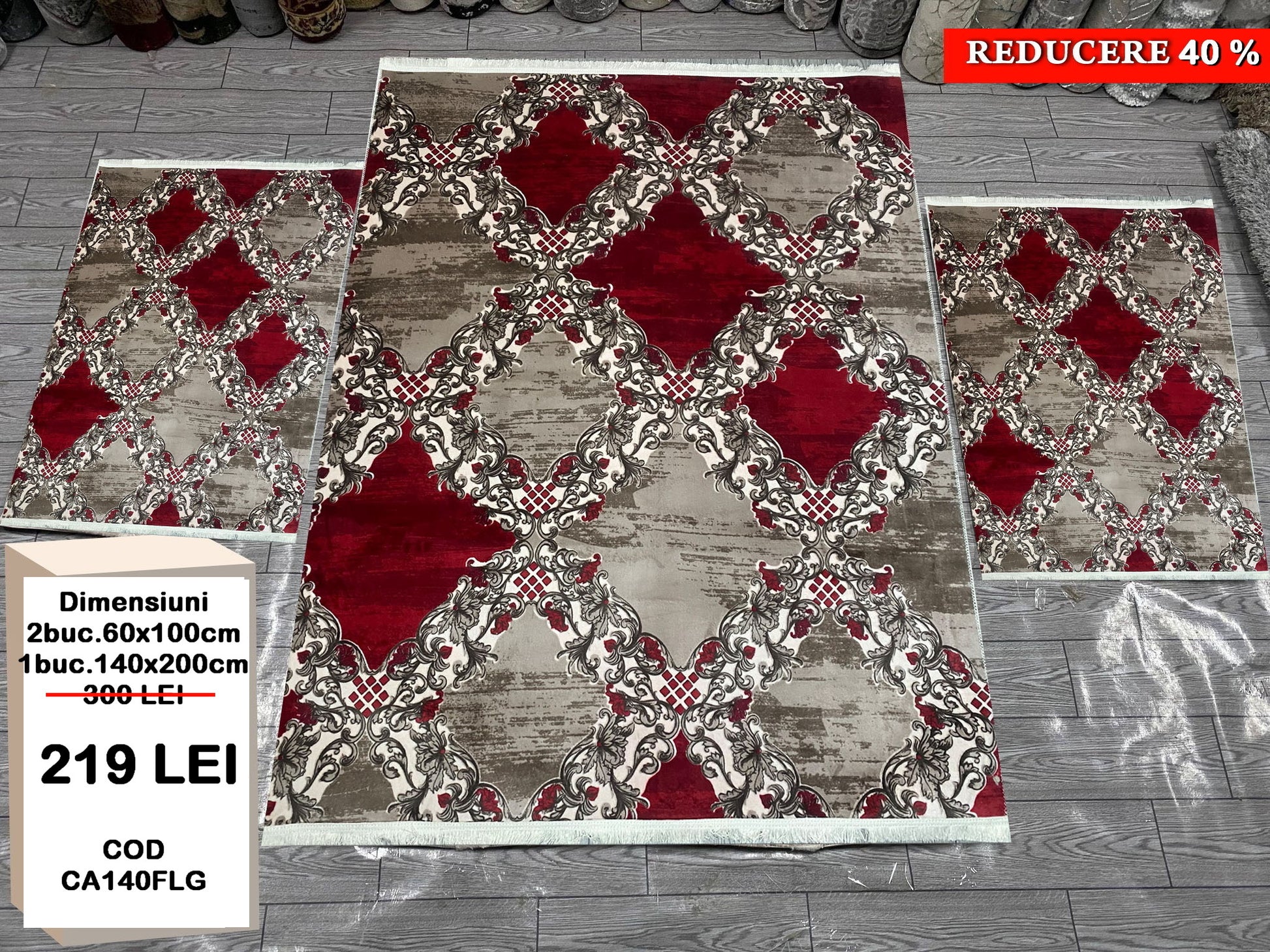 Set Covor cu Traverse Antiderapante Tip Floral ,Grena/Bej – Covoare si traverse