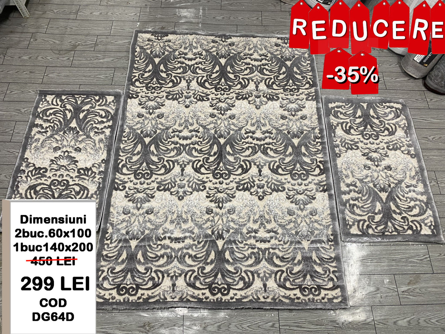 Set Covor Si Traverse in Stil Baroc ,Gri/Bej – Covoare si traverse